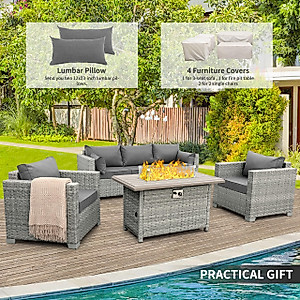 WAROOM Outdoor Patio Furniture Set 4 Piece Wicker Furniture Patio Conversation Sets PE Rattan Patio Chairs Couch Sectional Sofa with Fire Pit Table, Grey Cushion