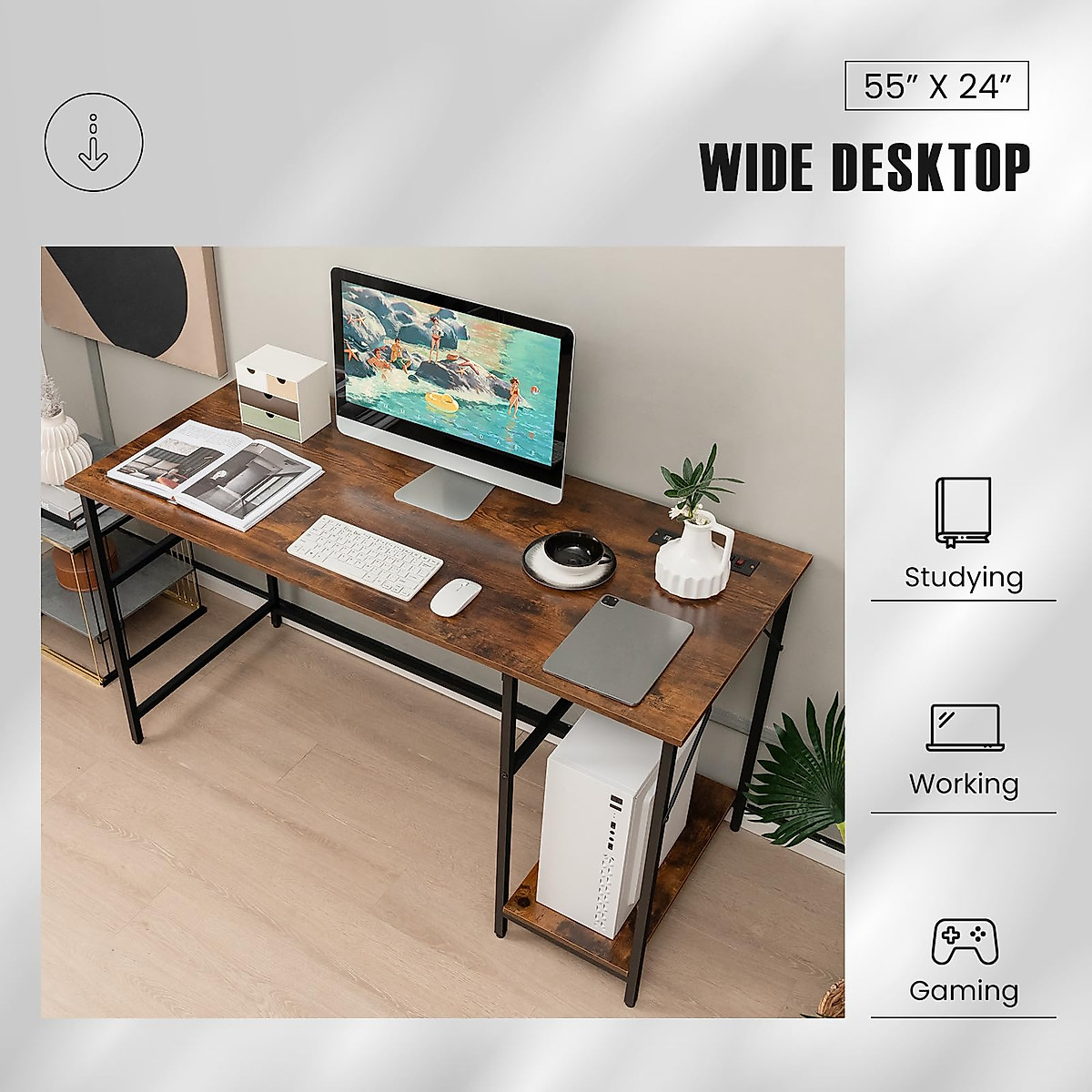Tangkula 55 Inch Computer Desk with 4 Power Outlets & 2 USB Ports, Home Office Desk with Built in Charging Station with Switch, Computer Workstation Writing Study Desk with Storage Shelf & CPU Stand