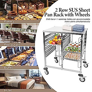 BriSunshine 2 Row Bakery Bun Pan Rack,2x6 Tiers Stainless Steel Sheet Pan Rack Trolley with Wheels & Top Table,Commercial Cooling Storage Rack Cart for Kitchen Restaurant,29.3" Lx21.6 Wx37.2 H