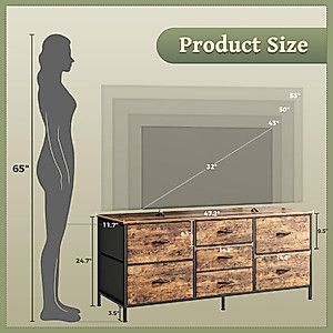Huuger Dresser with 7 Drawers, 47 Inch Dresser TV Stand for 43, 50, 55 Inch TV, Wide Fabric Dresser Chest of Drawers, Metal Frame, Storage Dresser for Bedroom, Nursery, Clothing, Rustic Brown
