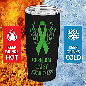 Cerebral Palsy Awareness Green 20 OZ Stainless Steel Tumbler Travel Car Coffee Mug with Straw Lid Cleaning Brush Coffee Tumbler Mug for Women Men