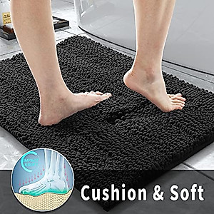 Yimobra Luxury Chenille Shaggy Bathroom Rug Set, 2 Pack Soft Fluffy Plush Bath Mat, Extra Thick, Non-Slip, Water Absorbent, Machine Washable, Bath Mats for Bathroom (Black, 20" x 32"+17" x 24")