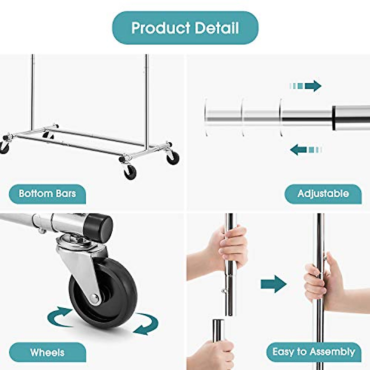 Auledio Clothes Garment Rack, Commercial Grade Clothes Rolling Heavy Duty Storage Organizer on Wheels with Adjustable Clothing Rack , Holds up to 200 lbs, Chrome (One Head)