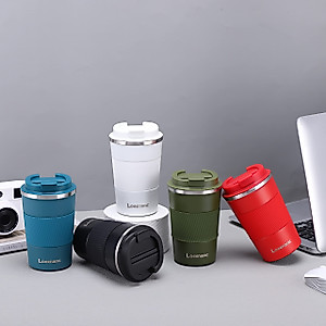 LOEENANC 12oz Travel Mug, Insulated Coffee Cup, Leak Proof, Anti-skid, Thermal Insulation For Over 8 Hours, Easy To Clean, Reusable Stainless Steel Double Deck Coffee Cup。