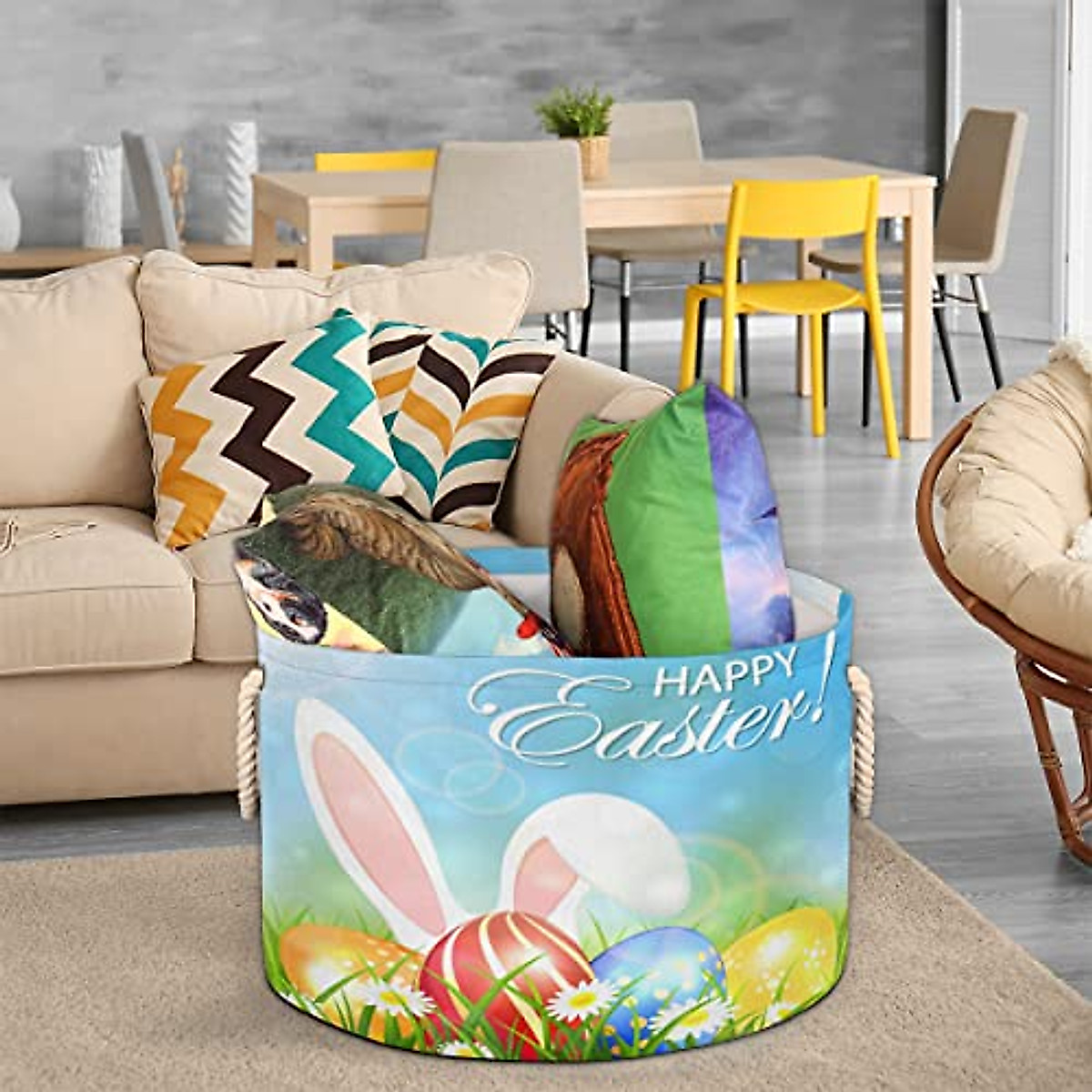 Easter Bunny Rabbit Eggs (18) Large Round Baskets for Storage Laundry Baskets with Handles Blanket Storage Basket for Bathroom Shelves Bins for Organizing Nursery Hamper Girl Boy