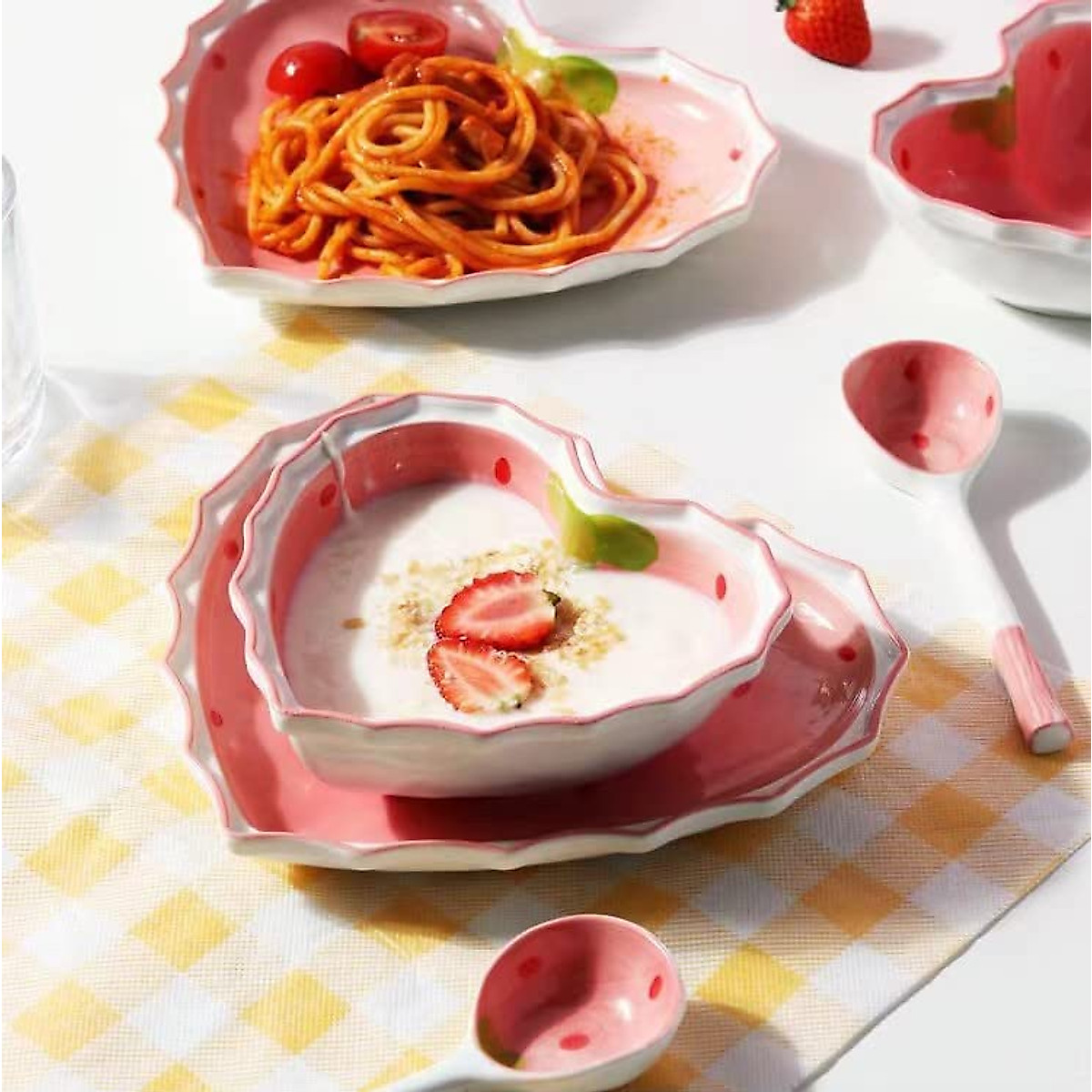 ENPAP Strawberry-shaped heart-shaped ceramic bowl, sturdy salad bowl, for cereals, salads, soups, salads and ceramic lettuce, for oatmeal, ceramic (pink)