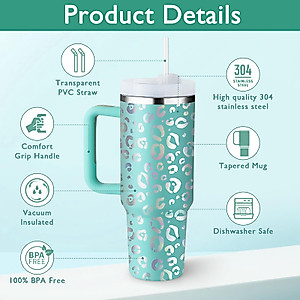 Ochapa 40 oz Tumbler with Handle Leopard Straw Lid Insulated Stainless Steel Vacuum Reusable Cup Holder Friendly Keep Drinks Cold Gifts for Women Lover Car Gym Travel, Cheetah Green