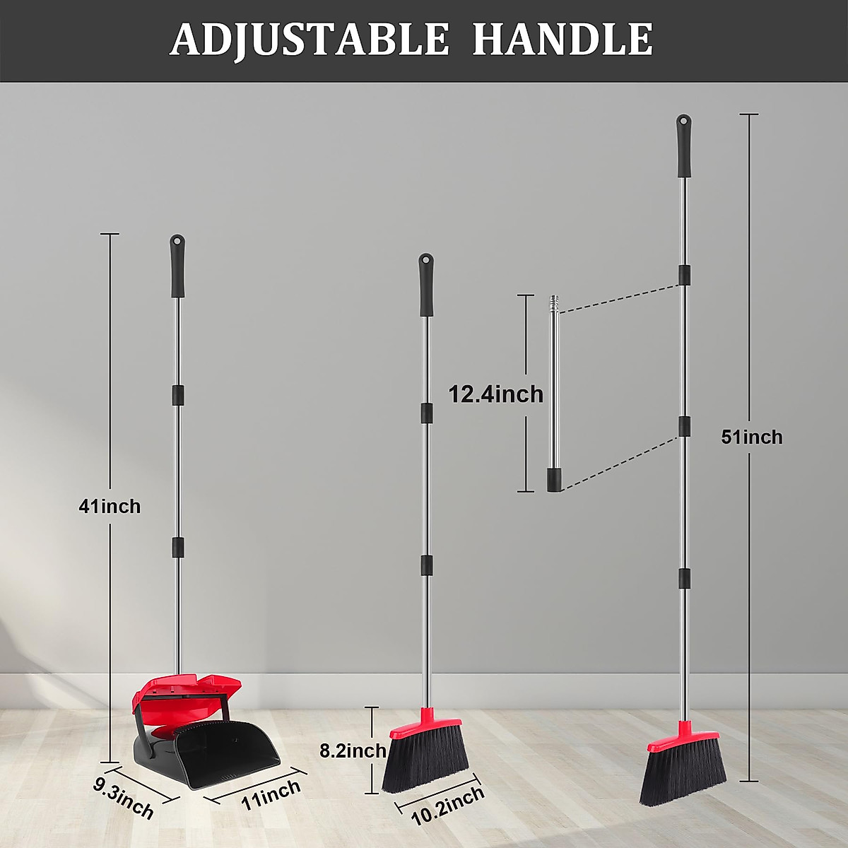 Broom with Dustpan Combo Set,UDUK 51'' Long Handle Broom with Standing Dustpan for Home, Heavy Duty Broom and Dustpan Set with Lid and Cleaning Teeth, Ideal for Pet Store Kitchen Indoor Outdoor (Red)