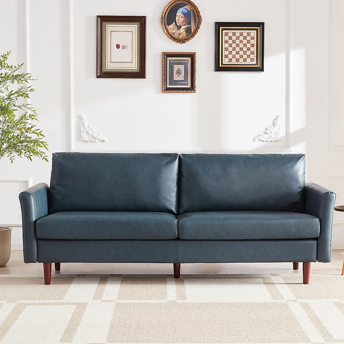 WILLOVE 80'' Faux Leather Sofa, 3 Seater Leather Couch with Cozy Wide Seats and Padded Cushions, Mid-Century Modern Loveseat Couches for Living Room, Easy Assembly, Blue