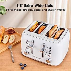 REDMOND Toaster 4 Slice, Retro Stainless Steel Toaster with Extra Wide Slots Bagel, Defrost, Reheat Function, Dual Independent Control Panel, Removable Crumb Tray, 6 Shade Settings and High Lift Lever, White, New Version