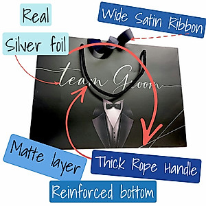 Groomsmen Gift Bags, 14"x10"x4.5" Euro Style, Premium Matte With Handle & Satin Ribbon, Set Of 7. In Silver Foil For Groomsmen Proposal , Bachelor Favors or Team Groom Gifts. (Black & Silver Foil, 7)