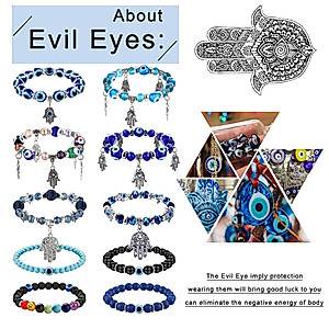 Ubjuliwa 10pcs Evil Eye Bracelet for Women Men Hamsa Blue Evil Eye Beaded Charm Stretch Bracelet Hand of Fatima Turkish Protection Bracelet Chakra Evil Eye Jewelry Gift