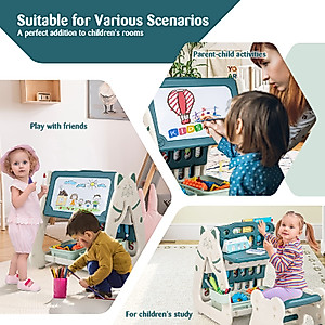 HONEY JOY Kids Table and Chair Set, 3 in 1 Convertible Art Easel & Display Bookshelf w/Magnetic Painting Board, Bottom Storage Shelf, Children Activity Table Set for Drawing Reading (Green)