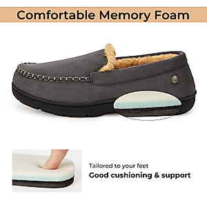 HomeTop Men's Classic Memory Foam Moccasin Slippers, Warm Comfy Microsuede House Shoes for Indoor Outdoor Gray, 10 US