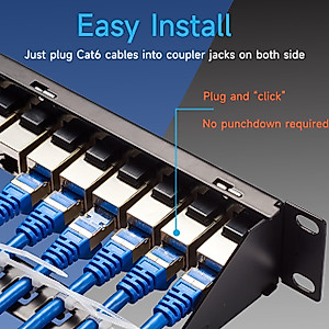 Lysymixs 24 Port RJ45 Patch Panel Cat6 STP Feed Through, Coupler Network Patch Panel 19 Inch, Inline Keystone Ethernet Patch Panel with Back Bar