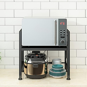 Microwave Oven Rack, Expandable Microwave Stand Countertop Kitchen Utensils Tableware Storage, Carbon Steel Over Microwave Shelf Countertop with 3 Hooks (2 Tier(17IN))