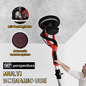 Drywall Sander with Vacuum, 950W High Power Foldable Popcorn Ceiling Removal Tool, 7-Speed ​​Variable, 900-2600RPM, with LED Light and 12 Grinding Wheels, Retractable Handle, for Sanding Walls, Floors
