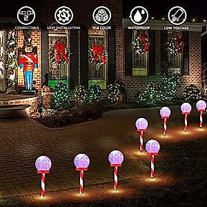 EAMBRITE 4PK RGB Ball Candy Cane Pathway Markers Light with Rotating Projector Waterproof Outdoor Stake Lights Decorative for Pond Garden Patio Landscape
