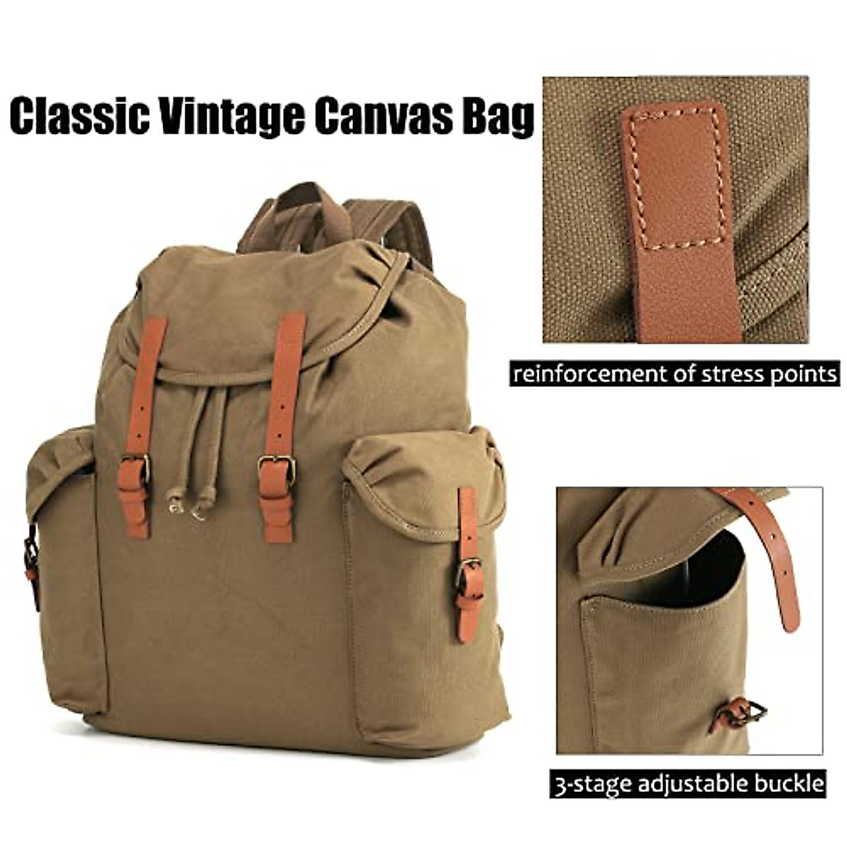 WINTMING Vintage Canvas Backpack Women Men Travel Rucksack Casual Laptop Backpack (Khaki)