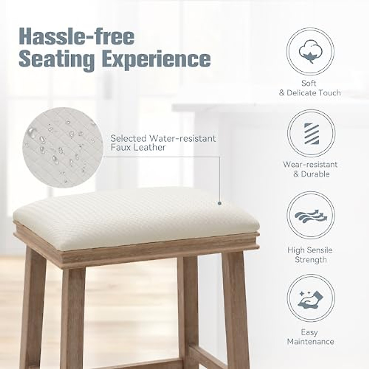 Erste!Bravo White Solid Wood Bar Stools Set of 2 for Kitchen Counter Counter Height Coastal Barstools with Faux Leather Farmhouse Upholstered Stools for 34"-38" Island, Creamy White Cushion, Wood Legs