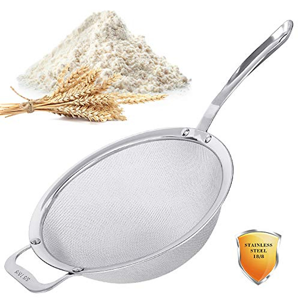9" Large Mesh Strainer, Stainless Steel 18/8 Extra Fine Quinoa Sieve, with Solid Sturdy Handle, Flour Filter with Wider Hook