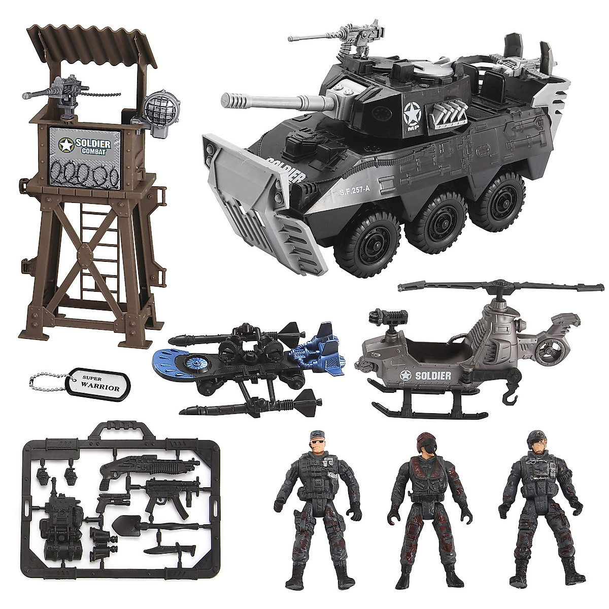 JOYIN 9 Pcs Boys Military Toy Play Set with Realistic Watchtower, Military Tank Toy, Mini Helicopter, Fancy Sci-fi Jet Board, Army Men Toy Soldiers Action Figures, Kids Fun Imaginative Play Toy Gifts