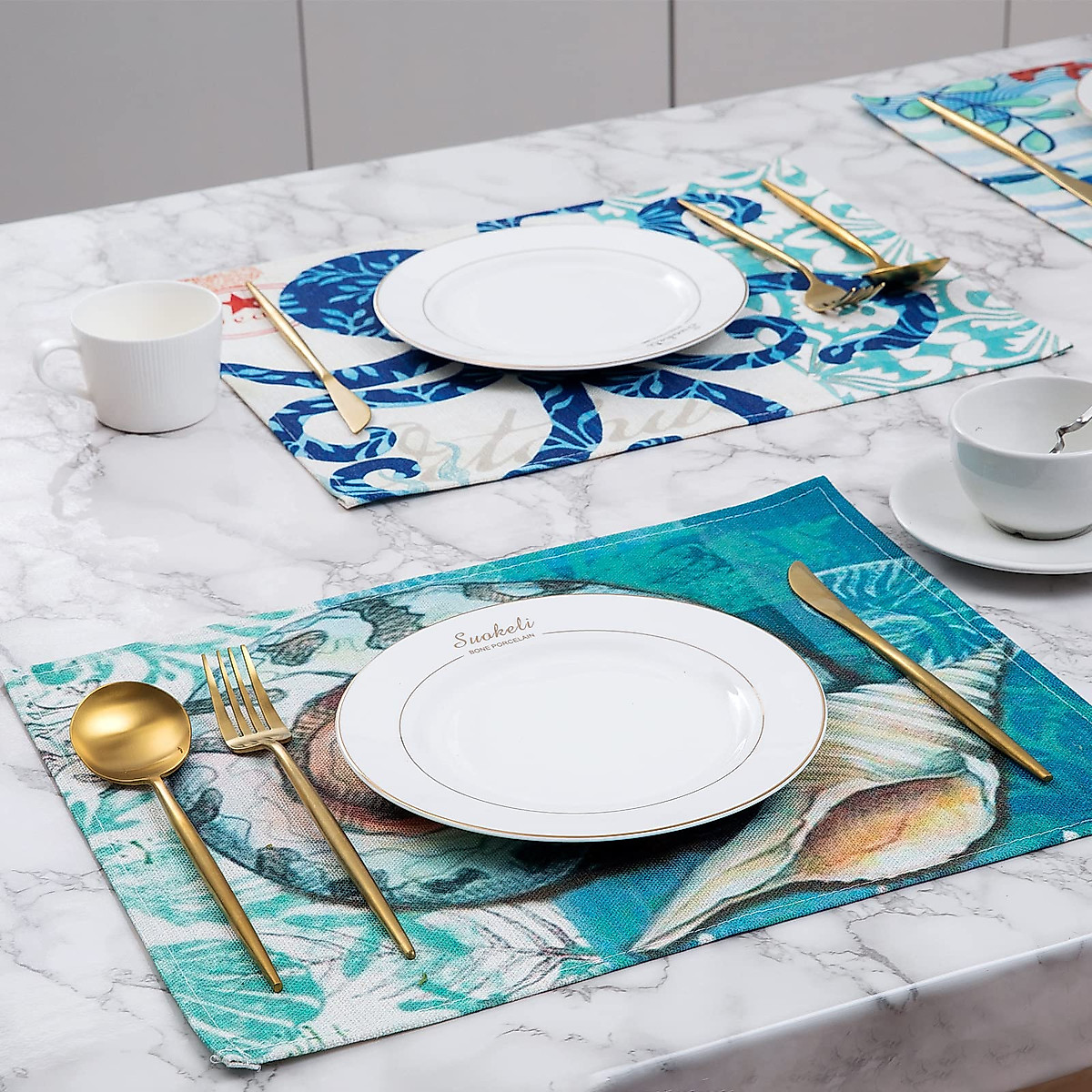 Ocean Animals Placemats Set of 4 Marine Organism Sea Horse Turtle Shell Octopus Table Mats for Dining Table 16.5x12.6 Inches