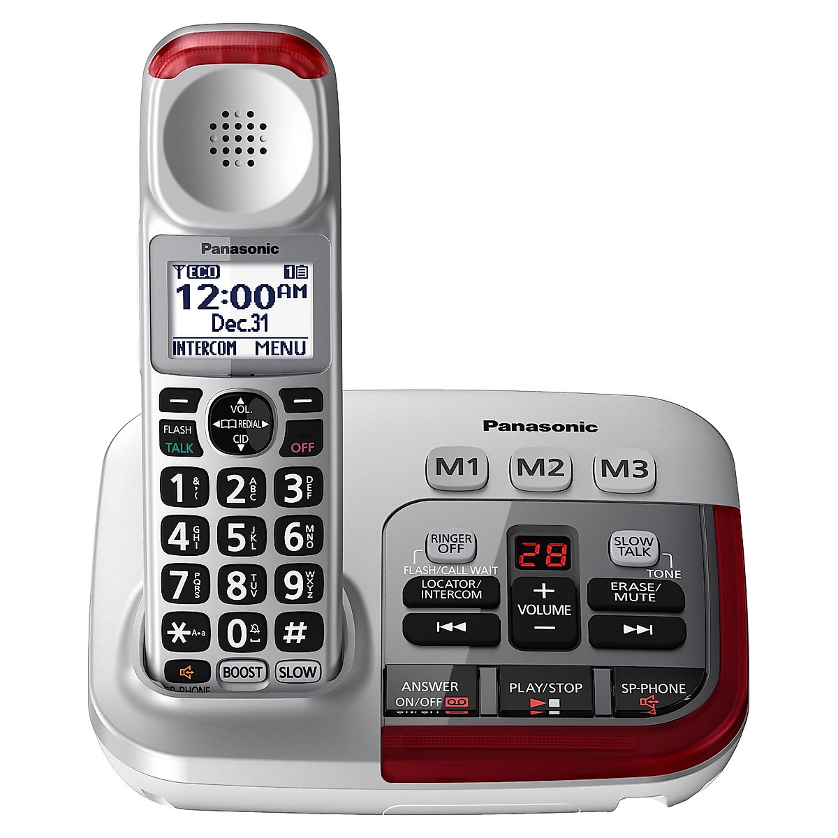 Panasonic Amplified Cordless Phone with Slow Talk, 50dB Volume Boost, 112dB Lound Visual Ringer, Hearing Aid Compatibility, Large Screen and Backlit Keypad - KX-TGM450S - 1 Handset (Silver)