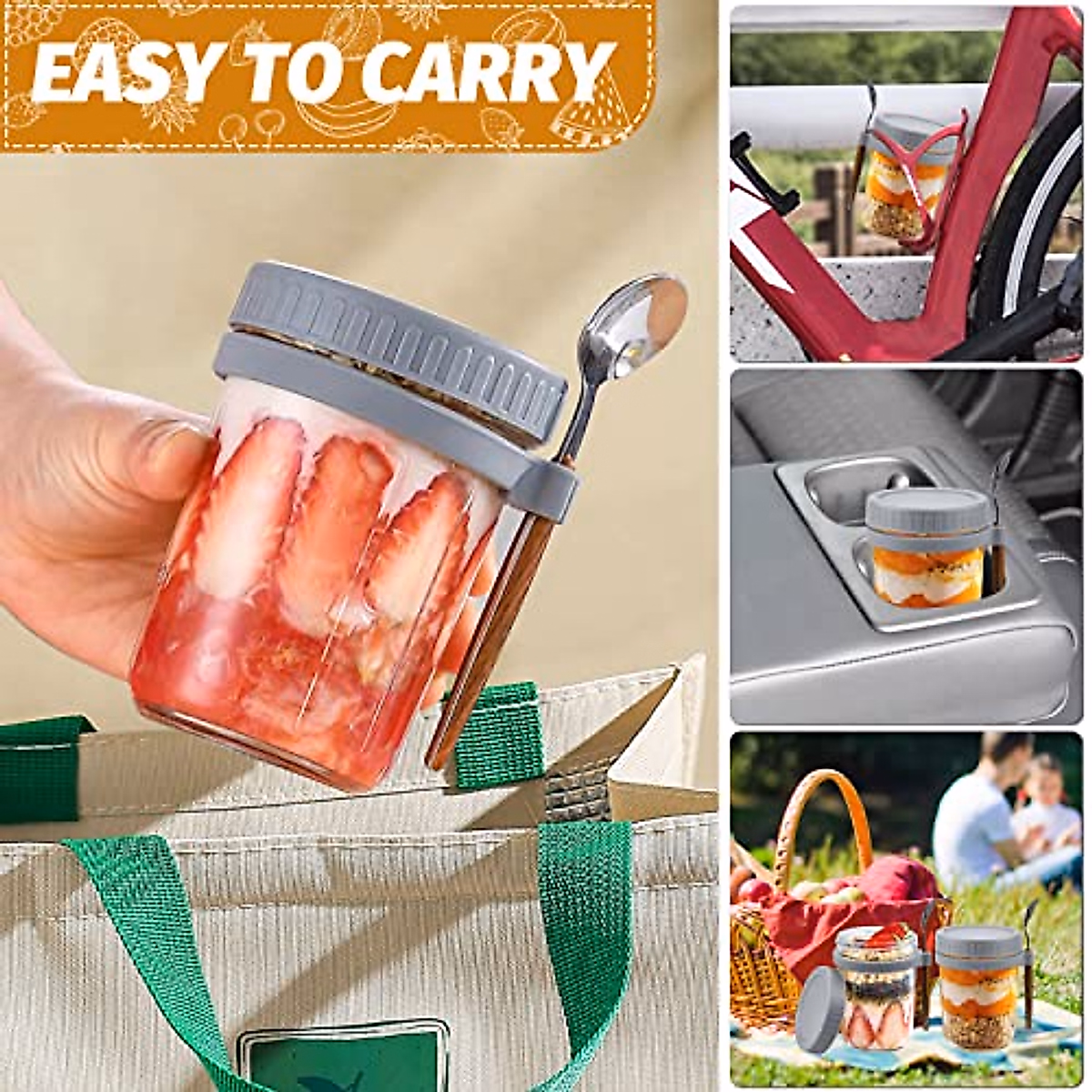 Nialnant Overnight Oats Jars with Lid and Spoon,10 Oz Airtight Overnight Oats Container with Measurement Marks,Mason Jars for Overnight Oats,Fruit,Vegetable
