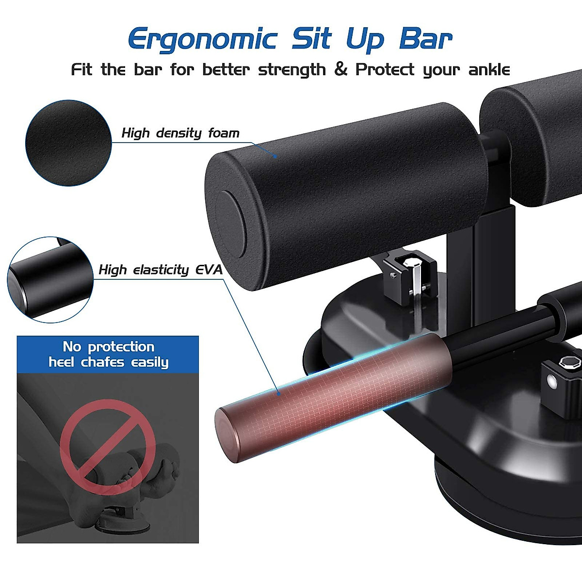 Sit Up Assistant Device Bar for Floor, Portable Sit Up Exercise Equipment with 2 Strong Suction Cups and Adjustable Foot Holder, Abs Master for Home Workout, Black