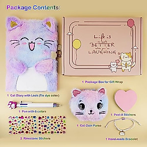 PJDRLLC Cat Diary with Lock, Gift for 6 7 8 Year Old Girl, Secret Diary Journal Notebook with Coin Purse, Bracelet, Multicolored Pen, Post-it Note, Stickers, Practical Gift for Birthday (A Happy Cat)