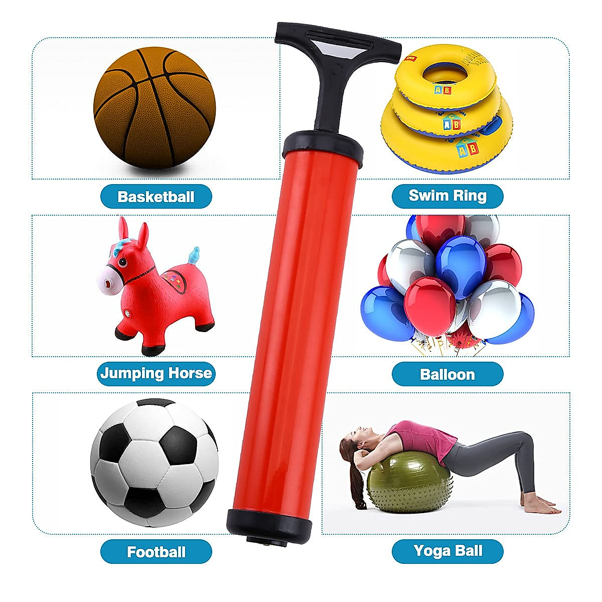 SLTG2020 Sports Ball Pump Portable Air Pump with Inflation Needle Nozzles and Rubber Hose Great for Volleyball Pump, Basketball Inflator, Football & Soccer Ball Swim Ring Balloon Air Pump