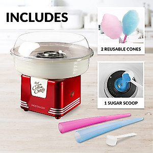 Nostalgia Cotton Candy Machine - Retro Cotton Candy Machine for Kids with 2 Reusable Cones, 1 Sugar Scoop, and 1 Extractor Head – Red
