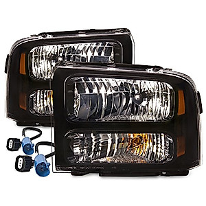 HEADLIGHTSDEPOT Conversion to 05-07 Style Harley-Style Black Housing Halogen Headlights Compatible With Ford Excursion F-250 F-350 F-450 F-550 Super Duty 1999-2007
