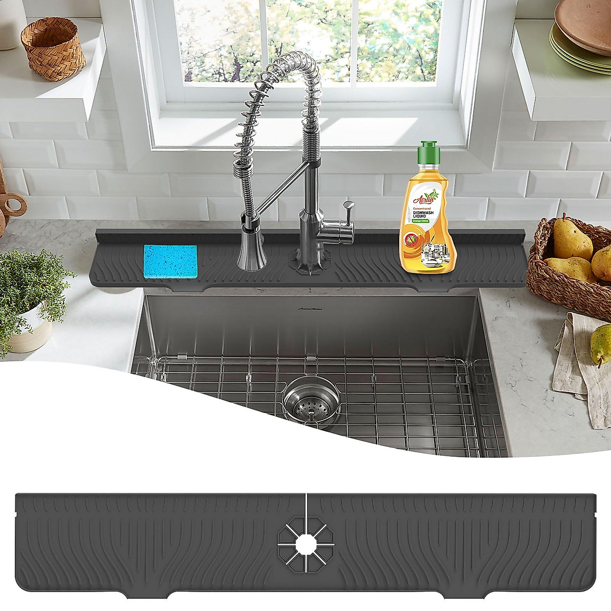 LVJING 33 inch Sink Splash Guard Mat, Sink Faucet Drying Mat, Silicone Faucet Handle Drip Catcher Tray, Longer Silicone Sink Mat for KitchenBathroom, Drip Protector Splash Countertop (Black)