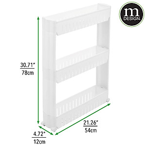 mDesign Slim Plastic Rolling Laundry Utility Cart, Portable Storage Organizer Trolley - Easy-Glide Wheels and 3 Heavy-Duty Shelves, for Laundry, Utility Room, Kitchen or Pantry Storage - White