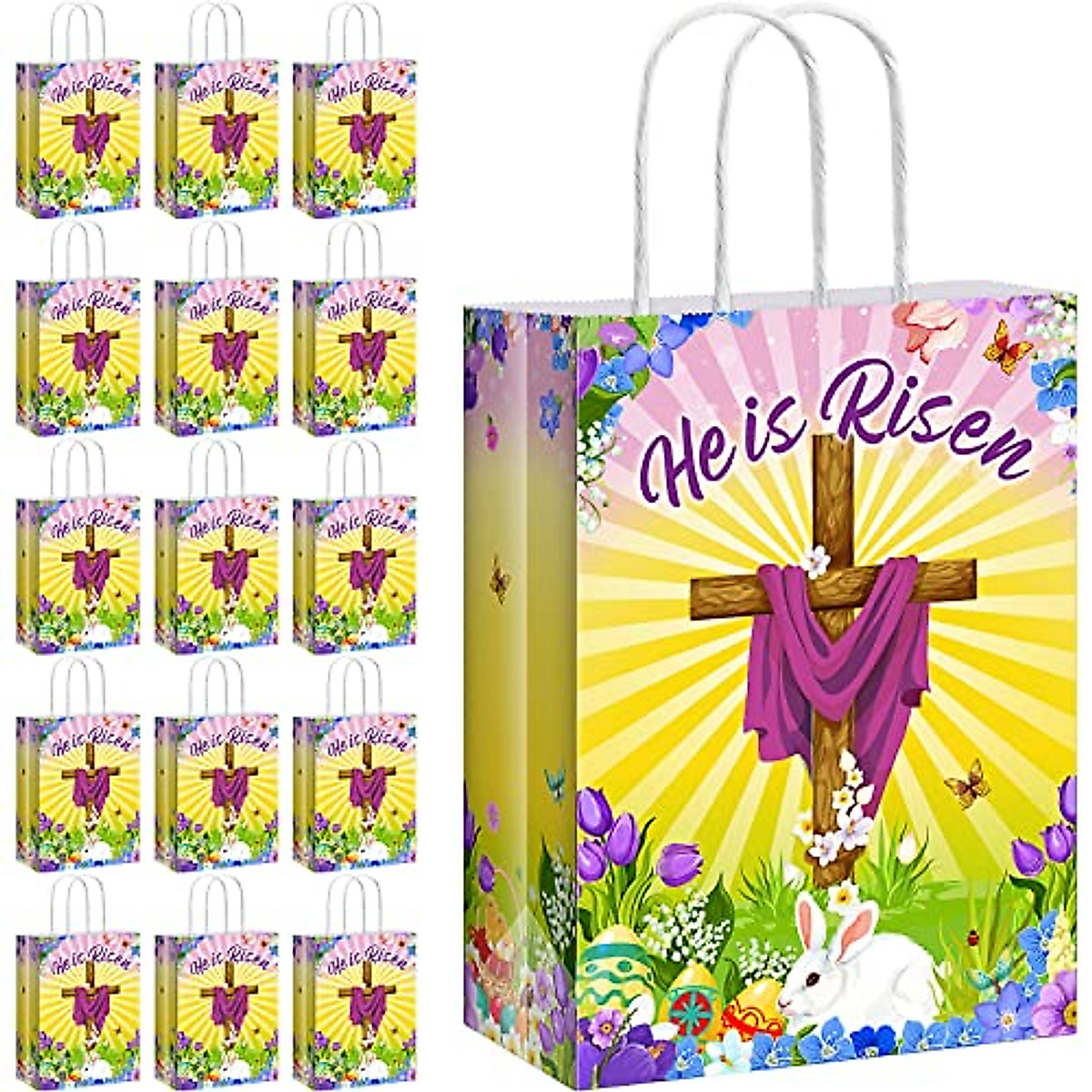 16 Pieces Easter Treat Bags Inspiring He Is Risen Sign Paper Gift Bags Cookie Egg Candy Goody Easter Bags with Double Handles for Easter Theme Bible School Party Favor
