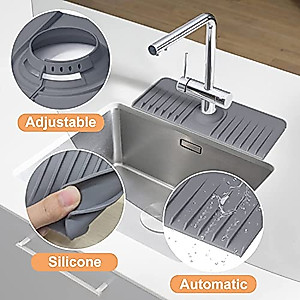 Sink Splash Guard Silicone Faucet Mat for Kitchen Sink Foldable Sink Mat Behind Faucet, TEMASH Faucet Handle Drip Catcher Tray Drain Drying Pad Countertop Protector for Kitchen Bathroom Bar RV(Grey)