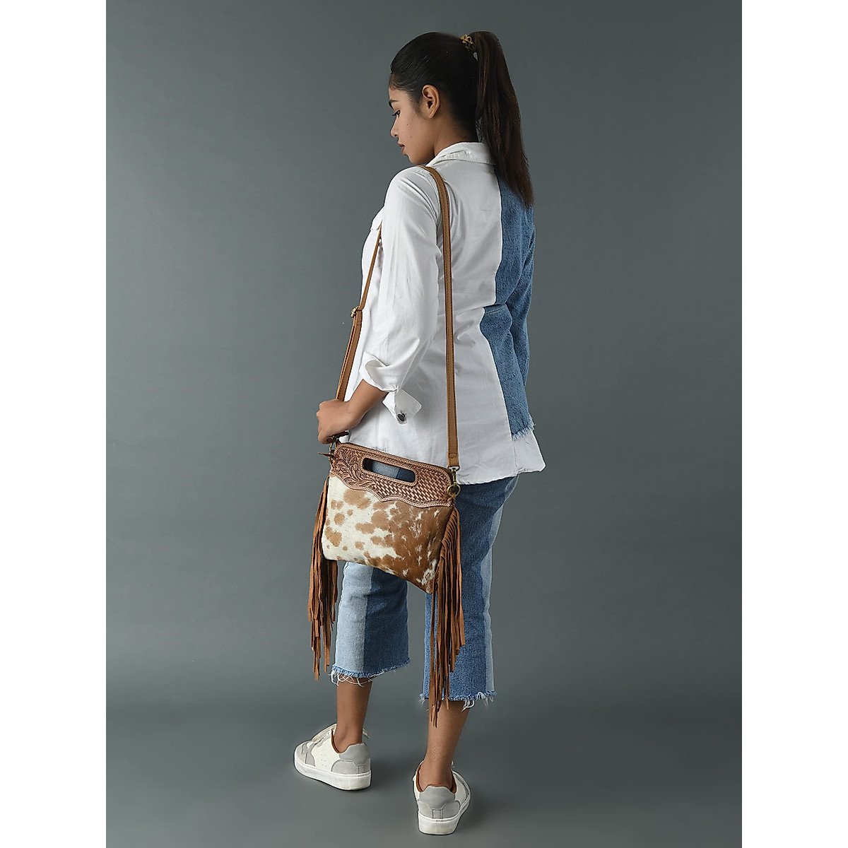 Western Suede Fringe Hair-On Crossbody Bag Women Natural Leather Hand Bag With Adjustable Strap | Leather Handbag | Purse | Side Sling Bag