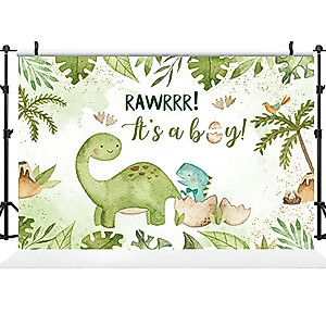 Hilioens 5×3ft Dinosaur Baby Shower Backdrop It's A Boy Newborn Green Leaf Dinosaur Egg Party Decorations Banner Cartoon Dinosaur Supplies Background Cake Table Supplies