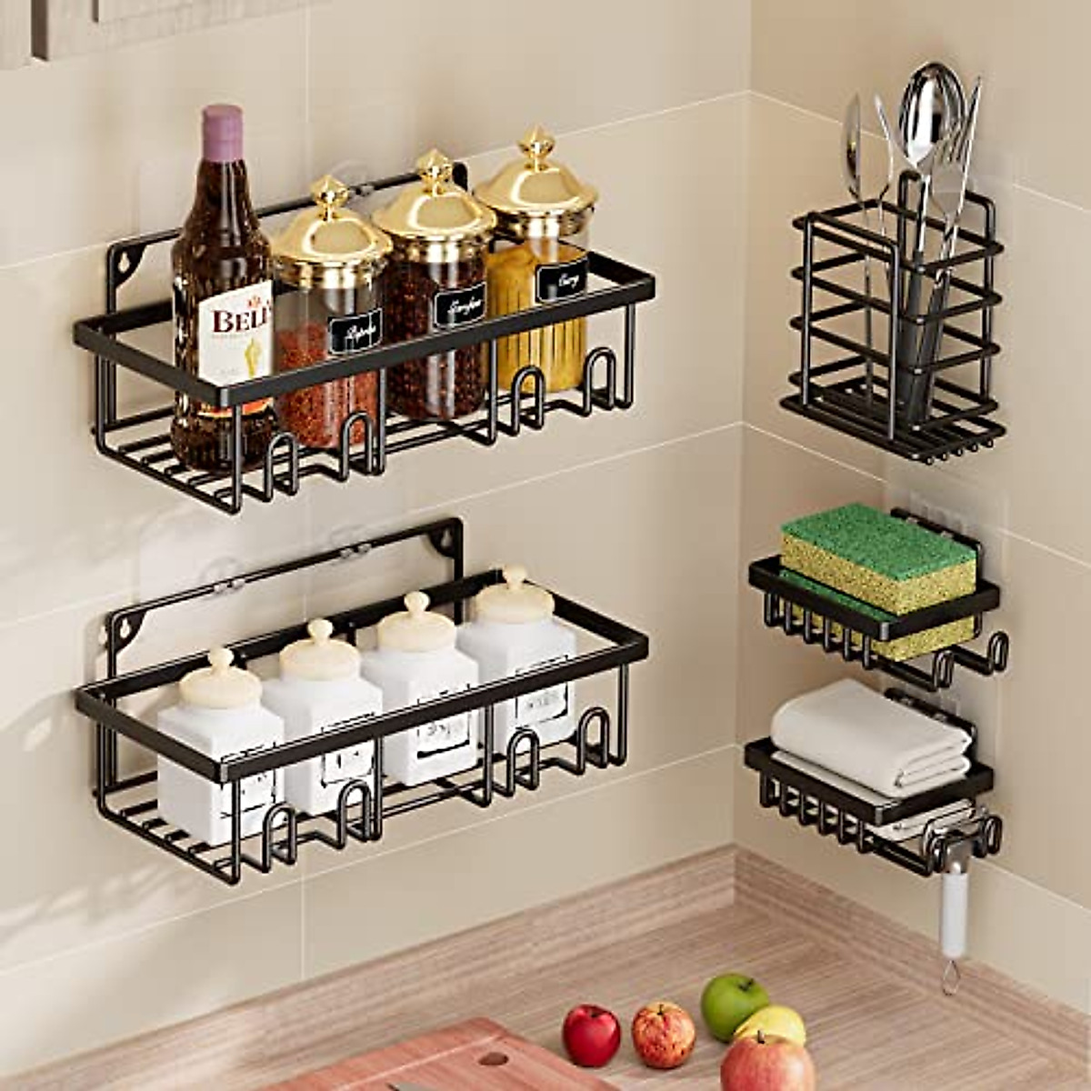 Bomtss Shower Caddy, Self Adhesive Shower Shelves, 5-Pack Bathroom Shower Organizer, Shower Rack Storage, Wall Mounted Shower Shelf for Inside Shower Accessories, First Apartment Essentials, Black