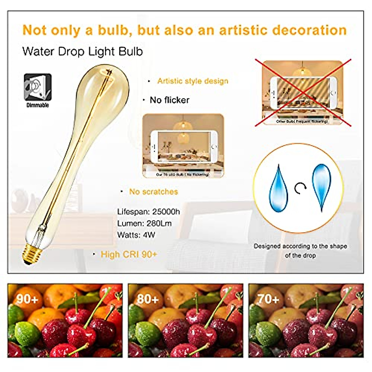 Beilf Decorative Oversized Edison Light Bulbs with E26 Base, Amber Glass, 4W Warm White 2200K, Dimmable, Large Led Filament Specialty Light Bulbs for Decorating Your Home