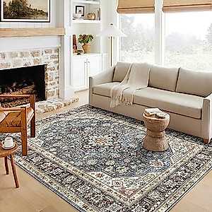HILORUUG Washable Area Rug - 5x7 Bedroom Living Room Large Indoor Rugs Soft Oriental Vintage Rugs Non-Slip Backing Stain Resistant for Farmhouse Kitchen (5x7 Blue)