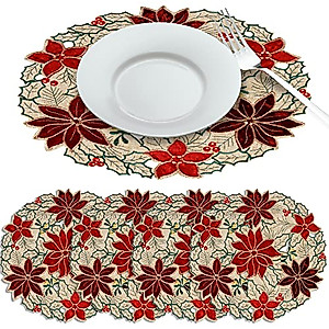 OWENIE Christmas Placemats Set of 4, Embroidered Applique Round Placemats Set of 4, Red Velvet Poinsettia Flower Linen Table Mats for Holiday Kitchen Dining Table Decorations (15 Inch)