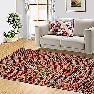 GRUHUM Handwoven Jute Area Rug 3'x5'ft Natural Fibre Rectangular Multicolor Boho Farmhouse Soft Braided Rustic Vintage Reversible Rug Indoor Outdoor Kitchen Bedroom Livingroom Hallways Enterways 3x5ft