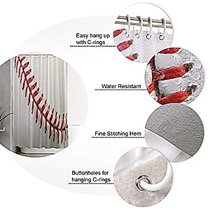 4 Pieces Bathroom Shower Curtain with Mats Set Sports Baseball Texture Closeup Background,Non-slip Bath Rugs Toilet Lid Cover U-shaped Carpet,Red and White Lines Laces Doormats Waterproof Curtains
