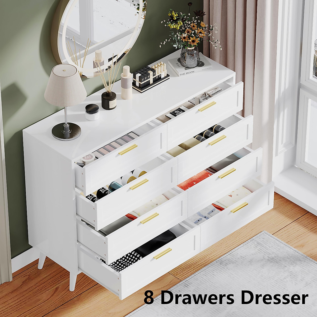 Rovaurx 8 Drawer Double Dresser for Bedroom, Chest of Dressers, Modern Wooden Dresser Chest with Golden Handles, Beside Table for Closet, Living Room and Entryway, White RDG003W