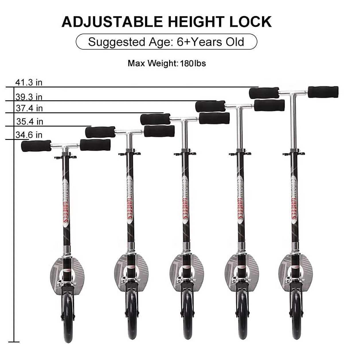 ChromeWheels Kick Scooter, Deluxe 8" Large 2 Light Up Wheels Wide Deck 5 Adjustable Height with Kickstand Foldable Scooters, Best Gift for Age 9 up Kids Girls Boys Teens, 180 lbs Weight Limit, Black