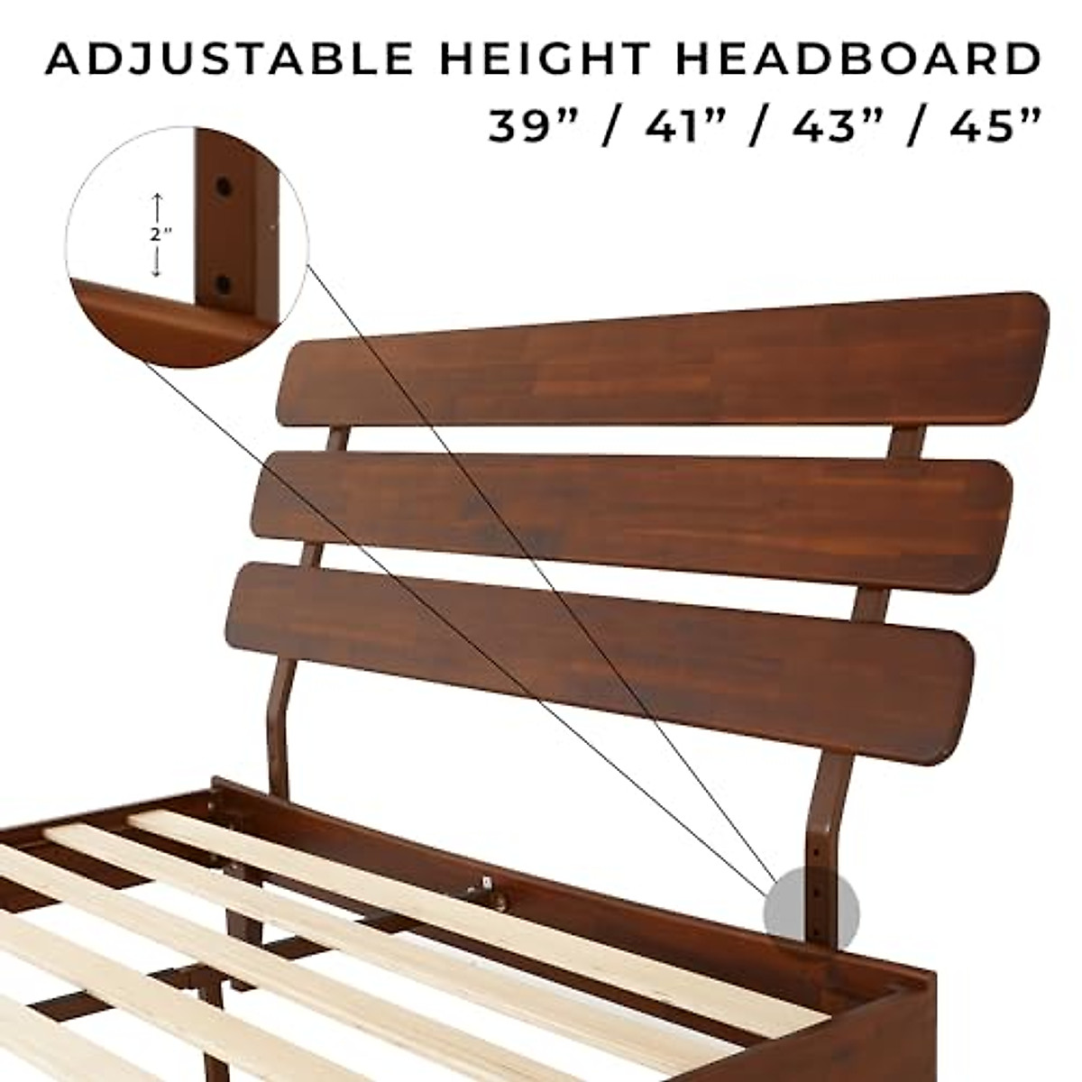 Bme Caden 15 Inch Deluxe Bed Frame with Adjustable Headboard - Mid Century, Retro Style with Acacia Wood - No Box Spring Needed - 12 Strong Wood Slat Support - Easy Assembly - Dark Chocolate, Queen