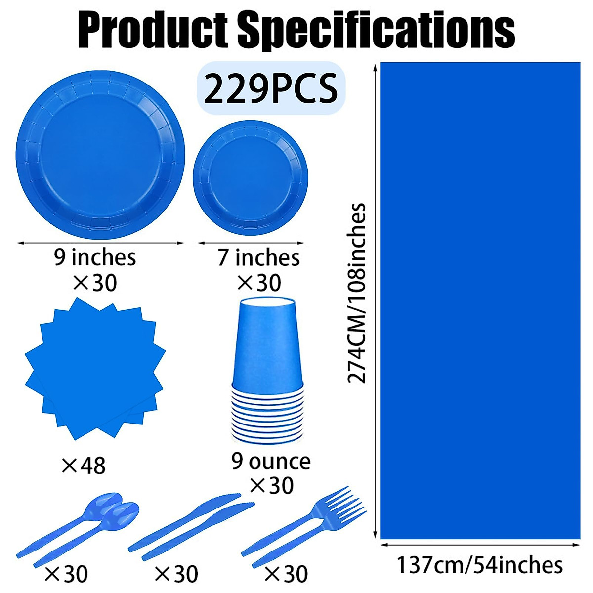 TWOWYHI 229PCS Blue Party Supplies Set Paper Disposable Plates Cups Plastic Spoons Forks Knives Blue Napkins for 30 Guests Disposable Party Dinnerware Set for Wedding Birthday Parties